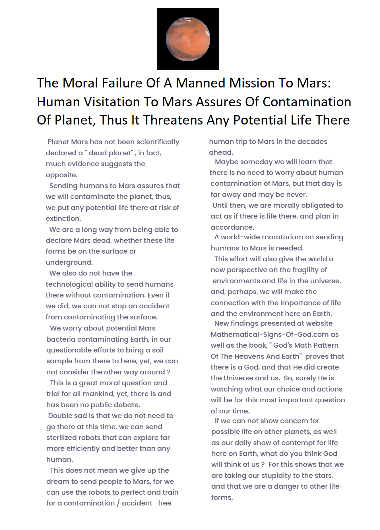 Save Mars: Argument For Moratorium On Human Missions To Mars Due To ...